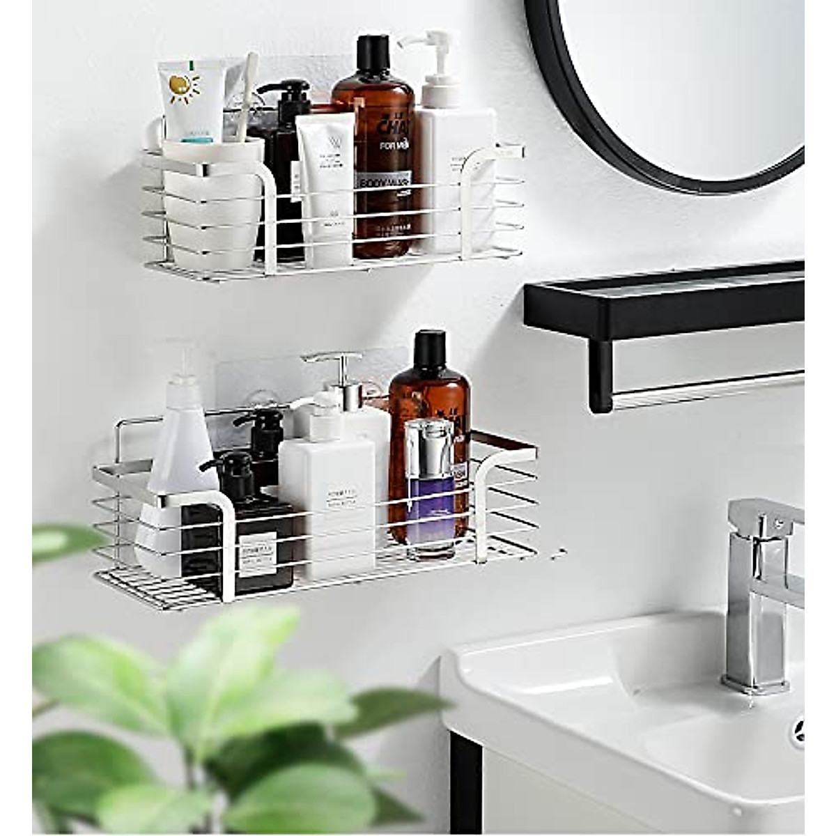 ProttyLife Shower Caddy, Shower Caddy Basket Shelf with Soap Holder,Adhesive Shower Organizer with Hooks,No Drilling SUS304 Rustproof Bathroom Shower Storage Organizer,Shower Shelves(Sliver)