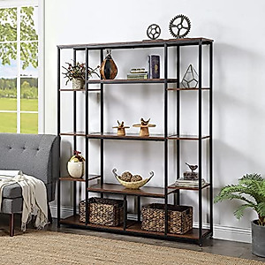 5 Tier Bookshelf, Industrial Tall Bookcase, Rustic Freestanding Storage Shelf for Living Room, Bedroom and Home Office, Metal Frame, Display Décor Furniture