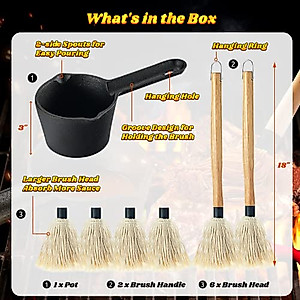 Cast Iron Sauce Pot and BBQ Mop Brush Set for Grilling, 7 Pcs Barbecue Accessories include 24 oz Heat Preservation Heavy Basting Melting Pot, 2Pcs Wooden Long Handle Sauce Mops and 4Pcs Replacements