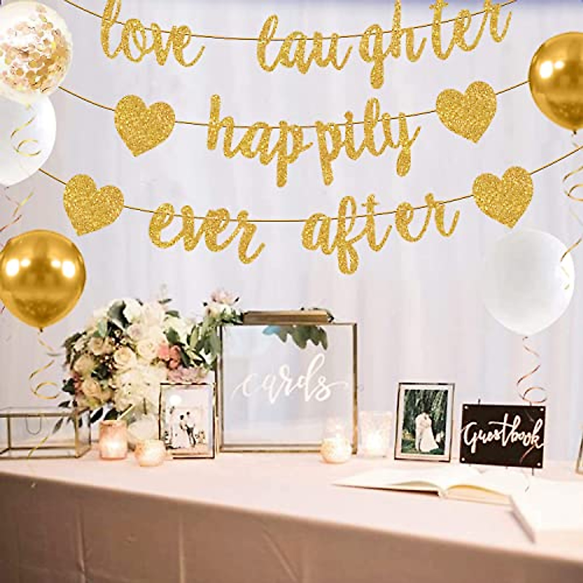 15Pcs Love Laughter and Happily Ever After Banner Gold- Wedding Shower Decorations, Bridal Shower Decorations, Bachelorette, Bridal & Engagement Party Decorations (Pre-Strung Signs)