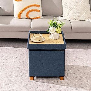 B FSOBEIIALEO Storage Ottoman with Tray, Foot Stools and Ottomans with Legs, Storage Cube Seat Linen Blue 15"