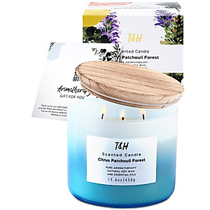 Large Citrus Patchouli Eucalyptus & Cedar Forest 3-Wick Candle - Highly Scented Natural Soy Candle for Home & Office 15.8 oz - Aromatherapy Stress Relief Candle, Refreshing Gift Candle for Women & Men