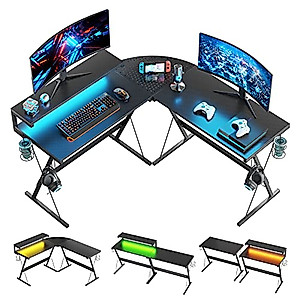 Bestier LED Gaming Desk 55" L Shaped Computer Corner Desk with 2 Cup Holders 2 Headset Hooks 36" Large Monitor Shelf Home Office Desk Bedroom Reversible 72" Long Desk for 2 Persons, Black