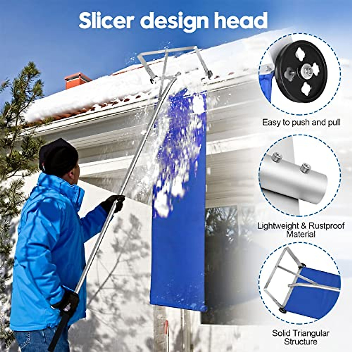 Snow Roof Rake 20FT, Roof Rake Snow Removal with 7 Section Pole, Snow Rake Aluminum Frame Head Nylon Slide Roof Rakes for Snow 3-inch Wheels, Suitable for House & Vehicle, Garage, Durable & Light