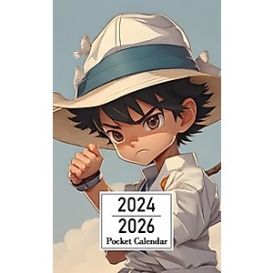 Pocket Calendar 2024-2026: Two-Year Monthly Planner for Purse , 36 Months from January 2024 to December 2026 | Cute small boy | Japanese | Cinematic lighting | Anime clouds