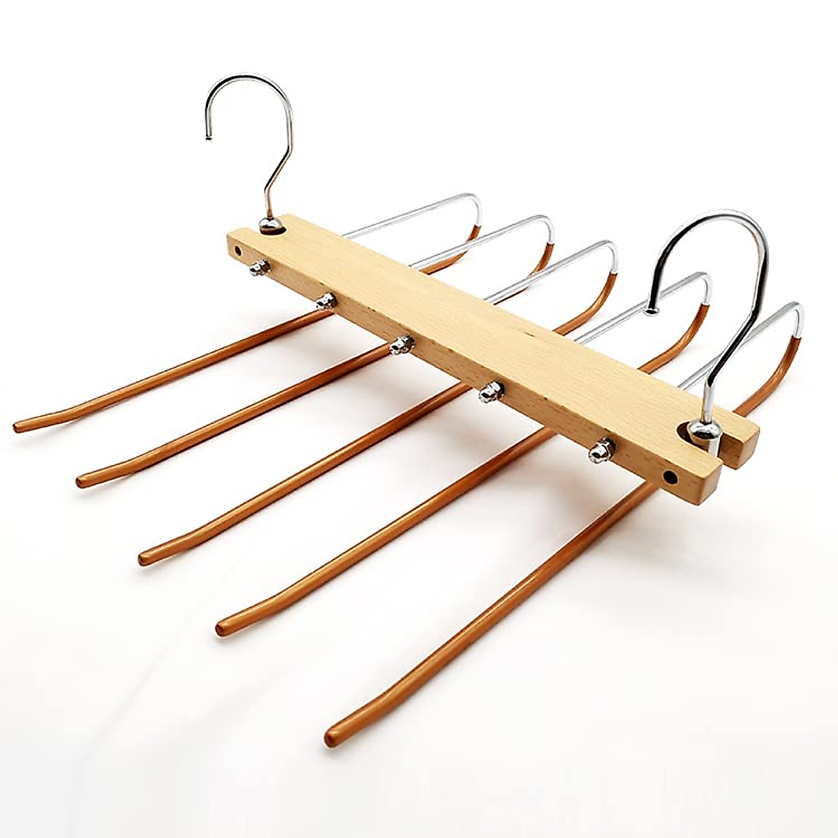Beech Wooden Pants Hangers Space Saver - Trouser Hanger, Space-Saving Multiple 5-in-1 Stainless Steel Extendible, Foldable Multi Magic Wardrobe Clothes Hanger Holder, Standard