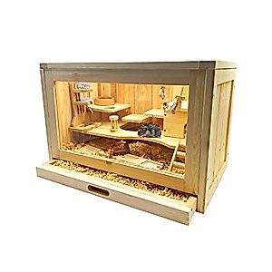 Rubor Hamster Cage Wooden Hamster Cages and Habitats for Dwarf Hamster, Guinea Pig, Chinchilla, 2-Tiers with Shelf and Ladder, Openable Top, Pull-Out Tray, Natural Wood