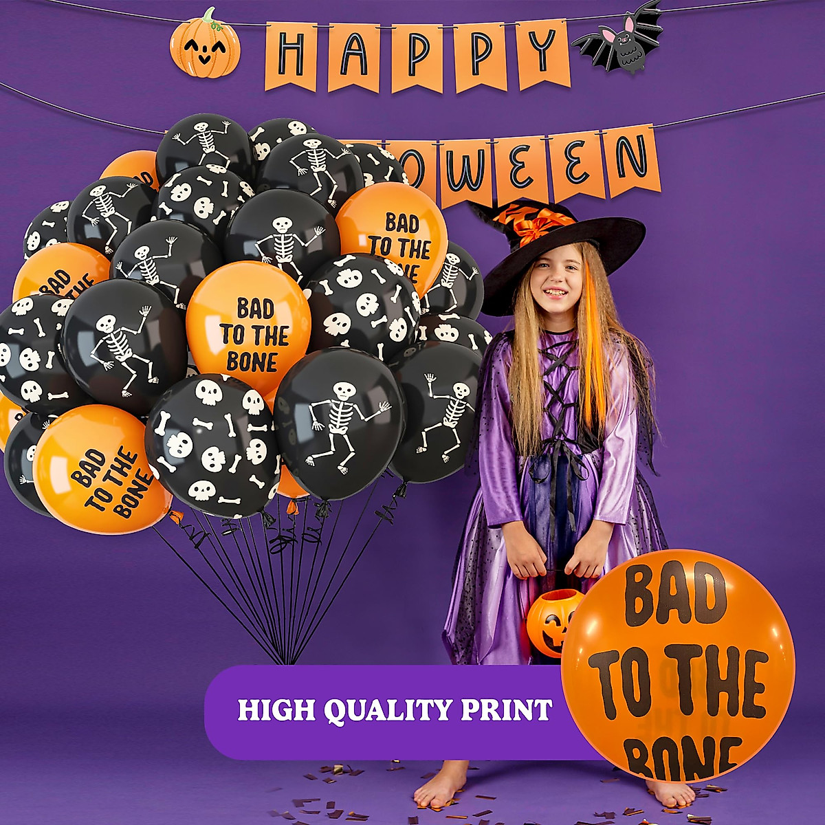 HOUSE OF PARTY 50pcs Halloween Skeleton Balloons | 12inch Black Orange Skull Latex Balloon Day of The Dead Party Supplies | Halloween Party Balloons for Malls, Bars, Homes Halloween Party Decorations