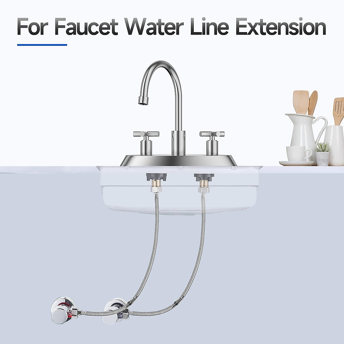 JUWO 16" Faucet Supply Line Extension, 3/8" x 3/8" Comp Stainless Steel Faucet Extension Hose Connector, For Large Sink or Longer Distance Extention