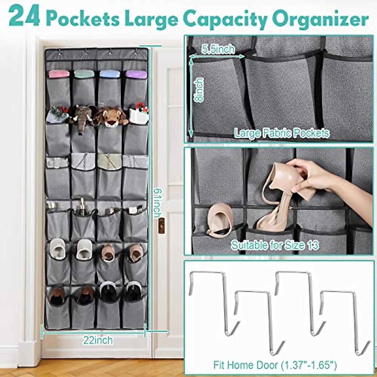 Shappy 3 Pack Over the Door Shoe Organizer Rack with 24 Large Fabric Pockets 12 Metal Hooks for Hanging Closet Holder Storage Men Women