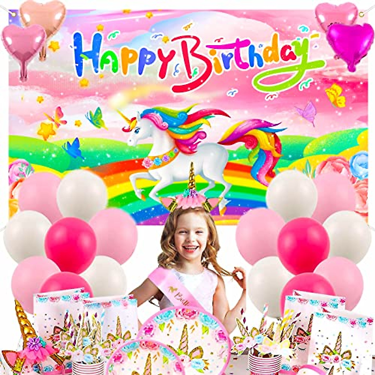 Ufocusmi Rainbow Unicorn Happy Birthday Backdrop, Unicorn Birthday Decorations for Girls, Unicorn Themed Party Background Banner 6x3.6 Feet
