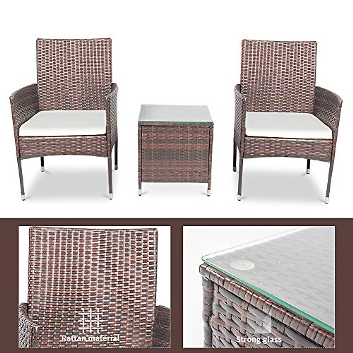 Recaceik, 2 upholstered top Dining （Brown） Patio, 3 Piece Set Outdoor Space-Saving Rattan Glass Tables and Chairs