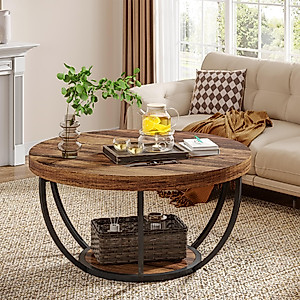 Tribesigns Round Coffee Table, 31.7" Wooden 2-Tier Circle Coffee Table with Storage Shelves, Modern Accent Cocktail Table Center Table for Living Room, Rustic Brown