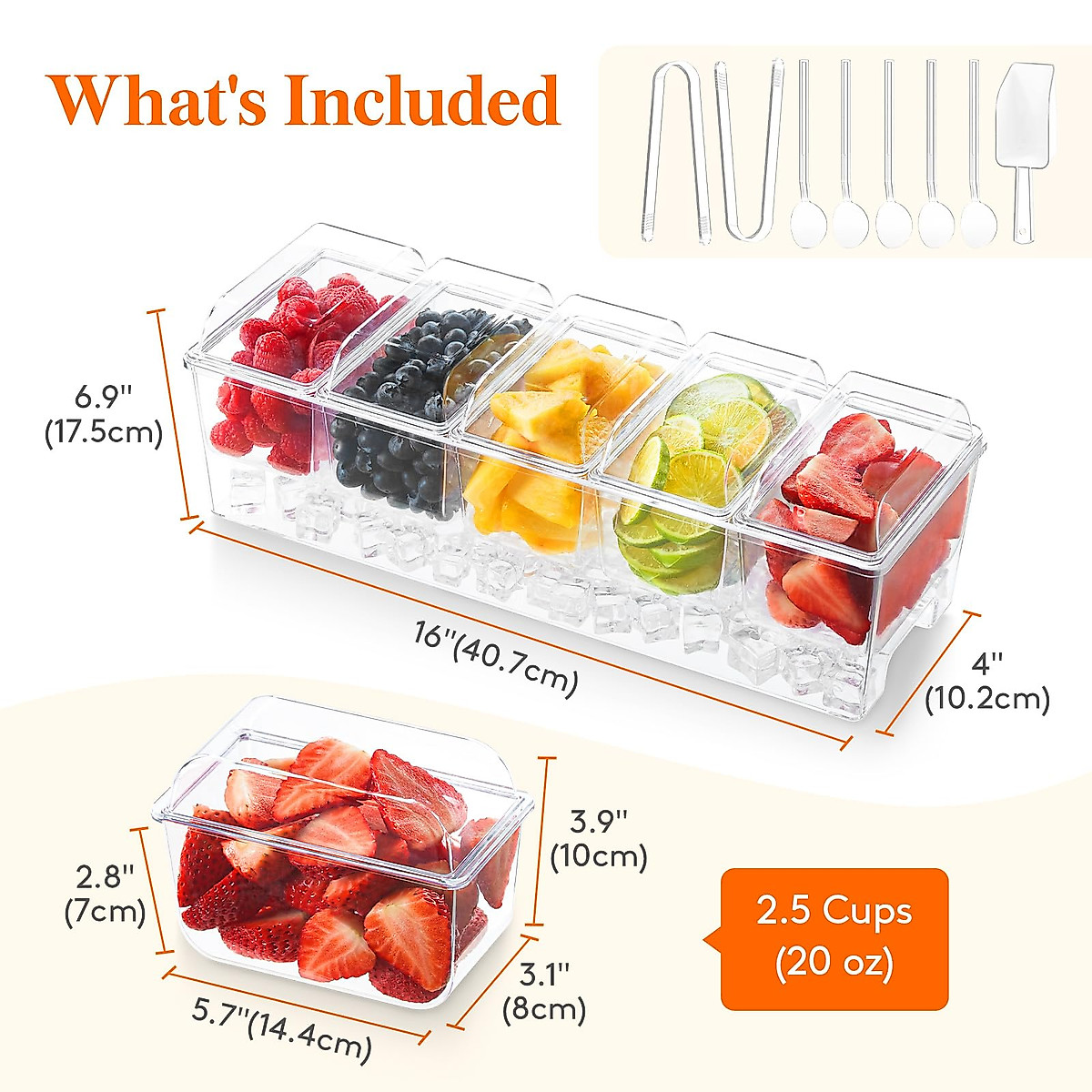 Lifewit Taco Bar Serving Set for Party with 5 Containers(2.5 Cup) & Components, Large Ice Chilled Condiment Caddy Organizer, Garnish Serving Tray Platter for Mimosa Bar Accessories, Fruit, Salad, Food