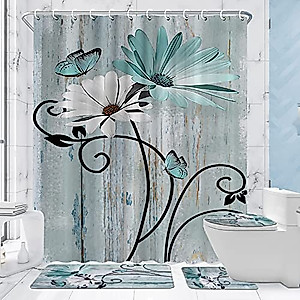 Moukeren 4 Pcs Teal Blue Daisy Butterfly Shower Curtain Set with Non Slip Rugs Toilet Lid Cover and Bath Mat Rustic Farmhouse Shower Curtain Turquoise Shower Curtain with Hooks Sets