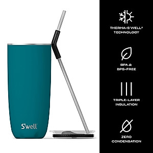 S'well Stainless Steel Tumbler with Straw and Slide-Open Lid, 24oz, Peacock Blue, Triple Layered Vacuum Insulated Containers Keeps Drinks Cold for 18 Hours and Hot for 5, BPA Free