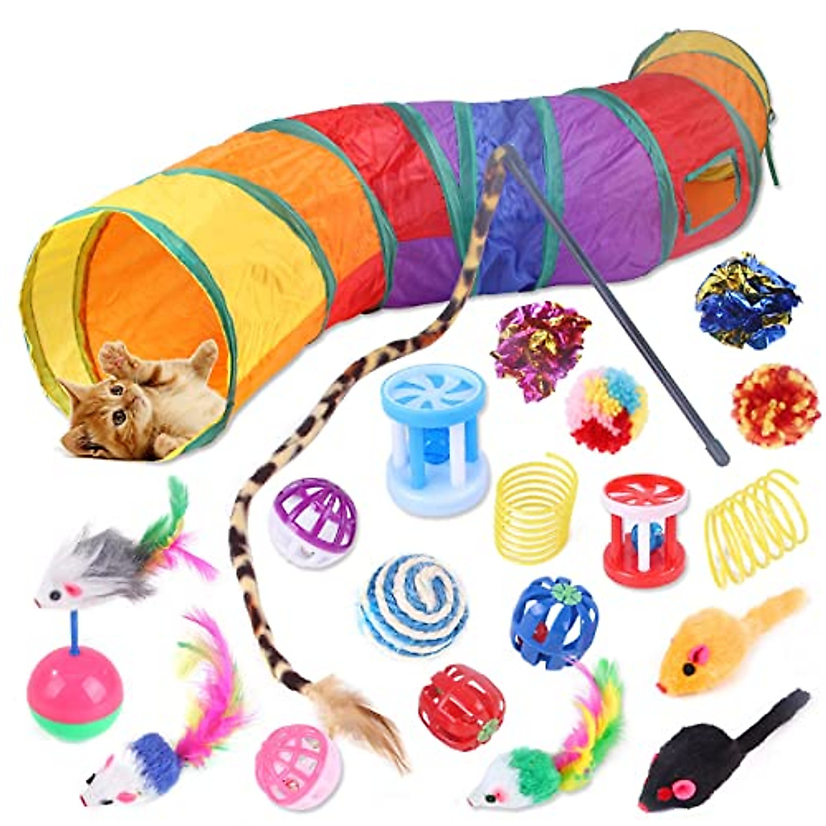 Yocvikey Cat, Kitten Toy with Collapsible Rainbow Tunnel for Indoor Cats, Interactive Toy Set Include Crinkle Ball, Jingle Bells, Spring Toy, Mouse Toys for Cats, Kitty