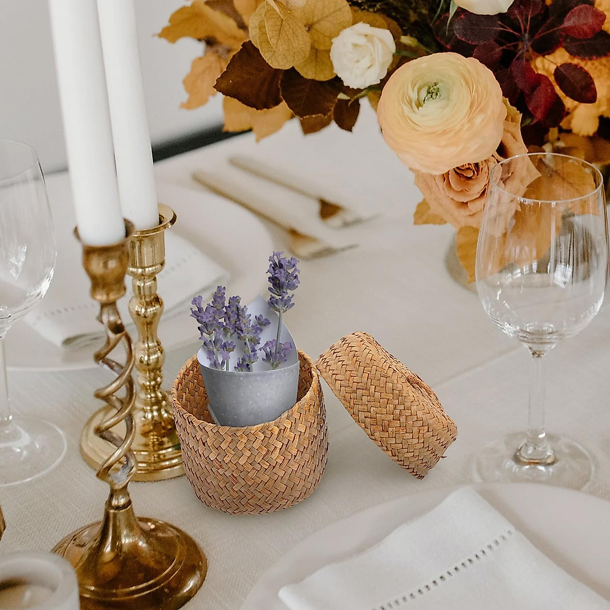 MAGICLULU 3pcs Flower Basket Candy Bowl Generic Round Basket Light House Decorations for Home Rustic Storage Bins Small Seagrass Basket with Lid Cutlery Desk Child Seaweed Cosmetic