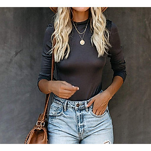 REVETRO Women Slim Fit Shirts Casual Plain Long Sleeve Tops Basic Lightweight Mock Turtleneck T-Shirt Dark Grey Small…