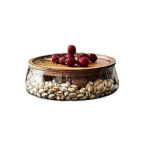 Ytzada Glass Candy and Nuts Serving Container with Wooden Lid, Round Food Storage Platter, Snack Tray Bread Plates Salad Fruit Vegetable Large Bowls
