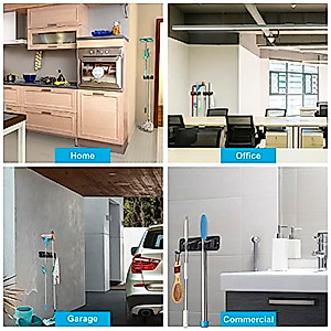 Kozci 2 Pack Broom Holder Wall Mount, Anti-Slip Mop Holder Broom Organizer Wall Mount Self Adhesive Stainless Steel Tool Storage Rack Broom Hanger for Kitchen Garden Garage (2 Racks 1 Hook)