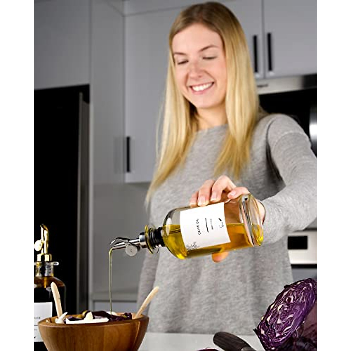 Apothecary Olive Oil Dispenser Bottle For Kitchen - Free Spout, 40 labels & Funnel - Coffee Syrup Dispenser Bottle, Glass Cooking Oil And Vinegar Dispenser Set Container, Pitcher, Cruet, Silver