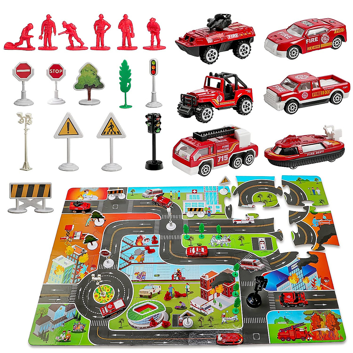 Fire Truck Toy Set,6 Pack Die-cast Fire Engine Model Car Toys,6 Pack Firefighter,Mini Alloy Metal Pull Back Car Toy with Large Jigsaw Fire Rescue Play Mat for Kids Boys Girls Toddler