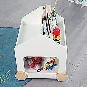 JOLIE VALLÉE TOYS & HOME Wooden Kids Bookshelf, 2 in 1 Children's Bookcase with Toy Storage, Baby Book Organizer with Wheels, Book Cabinet/Book Rack/Toy Box White