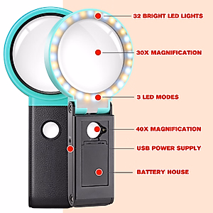 Dicfeos 30X 40X Magnifying Glass with Light and Stand, Non-Rechargeable, Folding Design 32 LED Illuminated Magnifying Glass for Close Work, Powered by Battery or USB(Green)