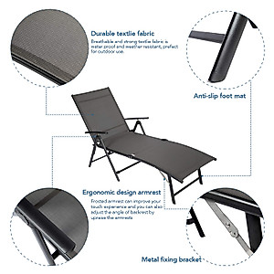 Circrane Outdoor Lounge Chair, Textiline Folding Chaise, Lounge Recliner for Beach/Yard/Pool/Patio with 7-Positions Adjustable backrest & Foldable Footrest (Grey)