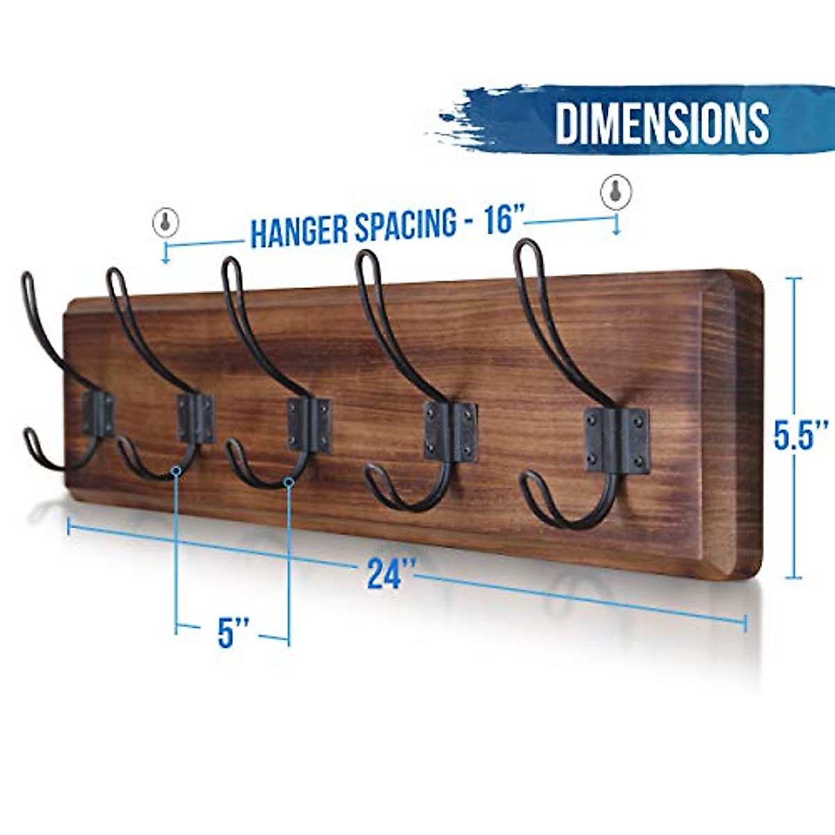 Rustic Coat Rack with 5 Hooks – Rustic Brown Wall Mounted 24" Coat Rack - Solid Pine Wood Entryway Hanger for Hanging Clothes, Hats, Purse, Keys - Vintage Farmhouse Coat Rack for Kitchen, Bedroom