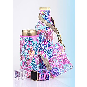 Lilly Pulitzer Slim Can Cooler, Double Wall Stainless Steel, Insulated Drink Sleeve for 12 Oz Skinny Bottles and Seltzers, Splendor in the Sand