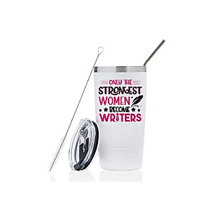 Onebttl Writer Gifts for Women - 20oz/590ml Stainless Steel Insulated Tumbler with Straw - Graduation/Birthday/Christmas Gift for Writers, Novelist, Scriptwriter - Strongest, White