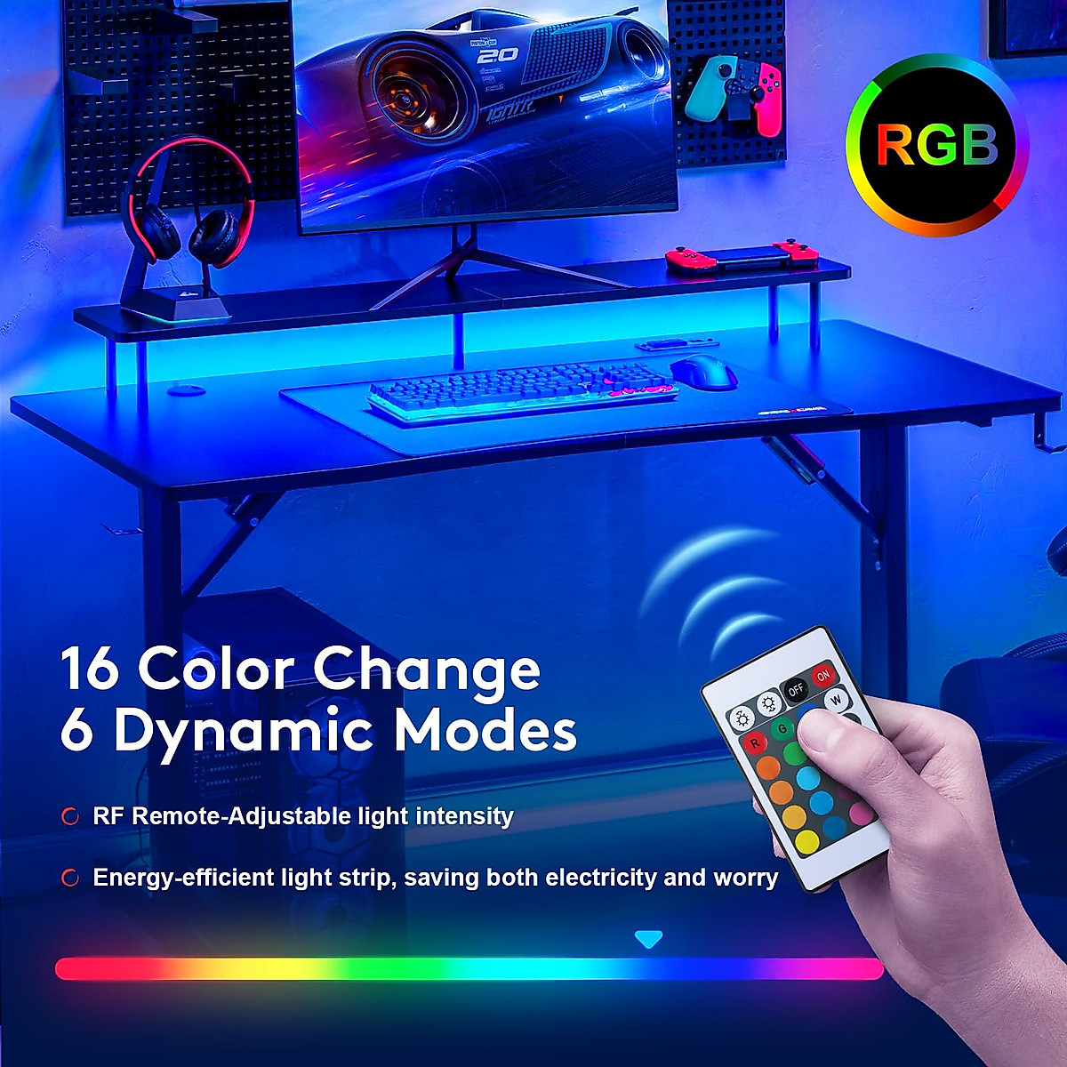 GTRACING 55 Inch Gaming Desk, Computer Gamer Desk with Monitor Stand, Ergonomic Carbon Fiber Surface Gaming Table with Power Outlet and Mouse Pad for Home Office, RGB