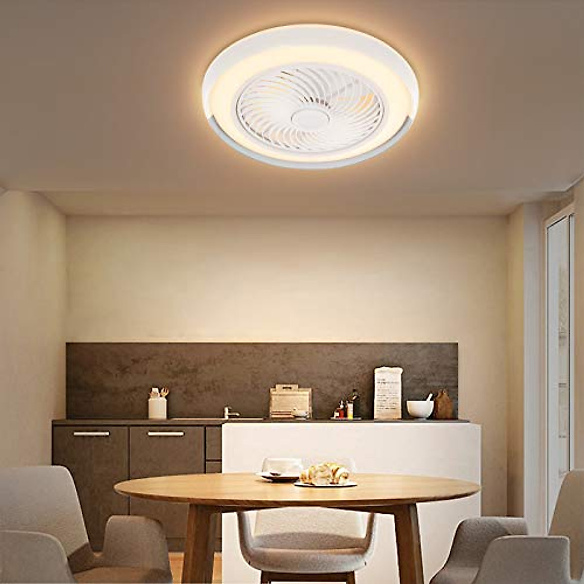 Low Profile Ceiling Fan with Lights Remote, 20" Enclosed Bladeless Ceiling Fan Flush Mount Ceiling Fan with 3 Colors LED Bladeless Ceiling Fan for Bedroom Living Room Kitchen Fan (Multi-3)