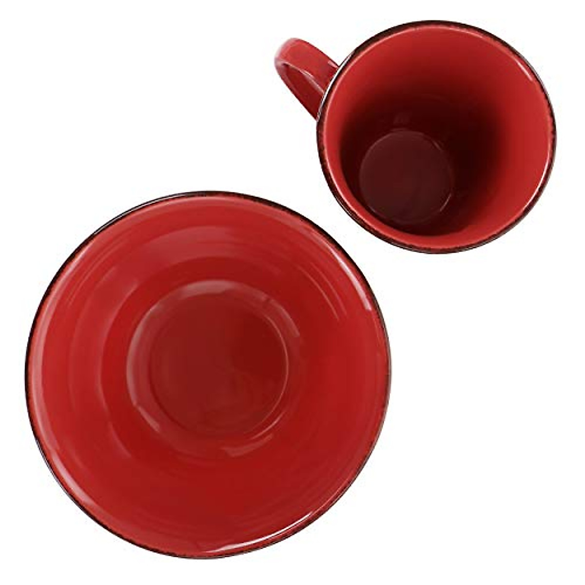 Elama Embossed Scalloped Round Stoneware Dinnerware Dish Set, 16 Piece, Red with Brown Accents