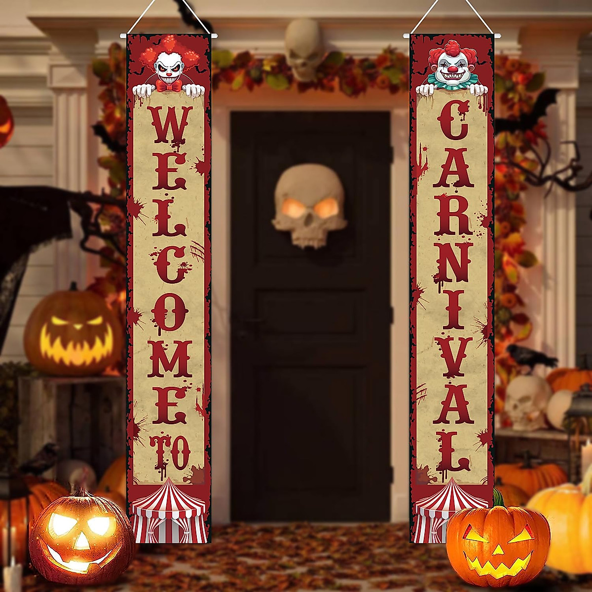 Halloween Decoration Evil Circus Clown Carnival Porch Banner,WELLCOME TO CARNIVALC Clown Sign Hangging Bloody Splatter Carnival Decor Triangle Bunting Flag for Halloween Decoration Carnival Birthday