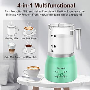 Secura Detachable Milk Frother and Steamer, 17oz Electric Milk Warmer 4-in-1 Hot/Cold Foam Maker for Latte, Macchiato, Hot Chocolate, Glass Milk Jug Dishwasher Safe (Green)