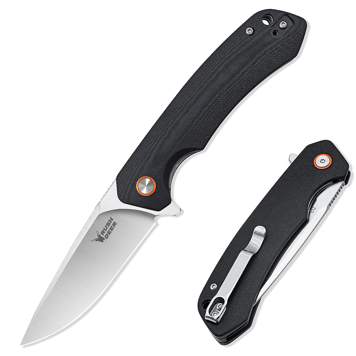 Rush Deer Pocket Knife: Folding Knife with 4" D2 Steel Blade and G10 Handle, EDC Knife with Pocket Clip.Ideal for Camping, Fishing and Survival,Gift for men women