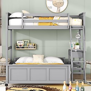 Twin Over Full Loft Bed with Desk and Storage Drawers, Wood Bunk Loft Bunk Bed for Kids, Can Be Separated into A Full Bed Frame and A Twin Size Loft Bed for Girls Boys Teens, Gray