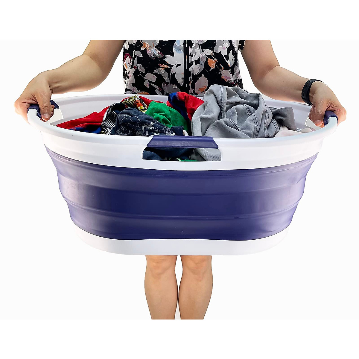 SAMMART Set of 2 Collapsible 3 Handled Plastic Laundry Basket-Oval Tub/Basket-Foldable Storage Container/Organizer-Portable Washing Tub-Space Saving Laundry Hamper (44L Oval-White/Navy Blue)