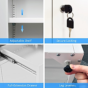 JINGUR Metal Storage Cabinet with Locking Doors and 2 Drawers, Lockable Storage Cabinets with Adjustable Shelf for Home Office and Garage (White)