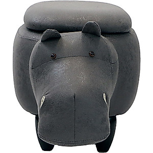 Critter Sitters 15-In. Seat Height Dark Gray Hippo Animal Shape Storage Ottoman, Kids Furniture for Nursery, Bedroom, Playroom, and Living Room Decor, Multifunctional Cushioned Step Stool