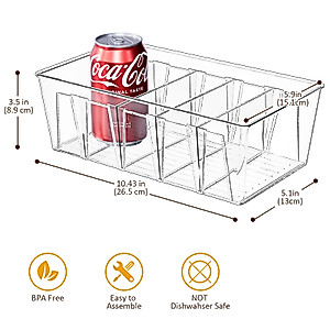 Puricon 4 Pack Pantry Organization and Storage Bins for Kitchen Fridge Countertop Cabinet, Stackable Clear Plastic Storage Containers with Removable Dividers, 5 Compartments for Food Snacks Spices