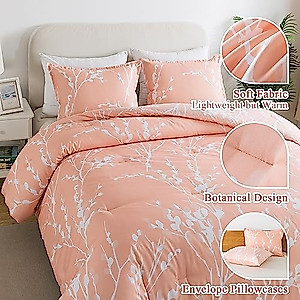 Andency Blush Pink Comforter Set Full Size (79x90 Inch) - Reversible Flower Plum Blossom Bed Set 3 Pieces Soft Lightweight Microfiber Branches Comforter Bedding Set