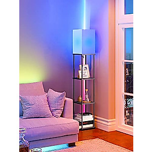 addlon Smart Modern Shelf Floor Lamp with RGB Bulb and White Lamp Shade - Display Floor Lamps with Shelves for Living Room, Bedroom and Office - Classic Black