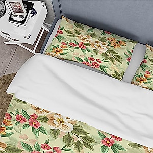 DESIGN ART Designart 'Pink White and Red Flowers and Leaves On Beige Background.' Traditional Duvet Cover Set Twin