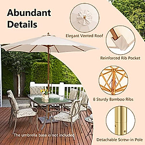 HAPPYGRILL 10 FT Patio Wooden Umbrella Table Market Umbrella with 8 Bamboo Ribs, 3 Adjustable Heights, Rope Pulley Lift, Detachable Pole & Vented Roof, Outdoor Umbrella for Garden Poolside Backyard