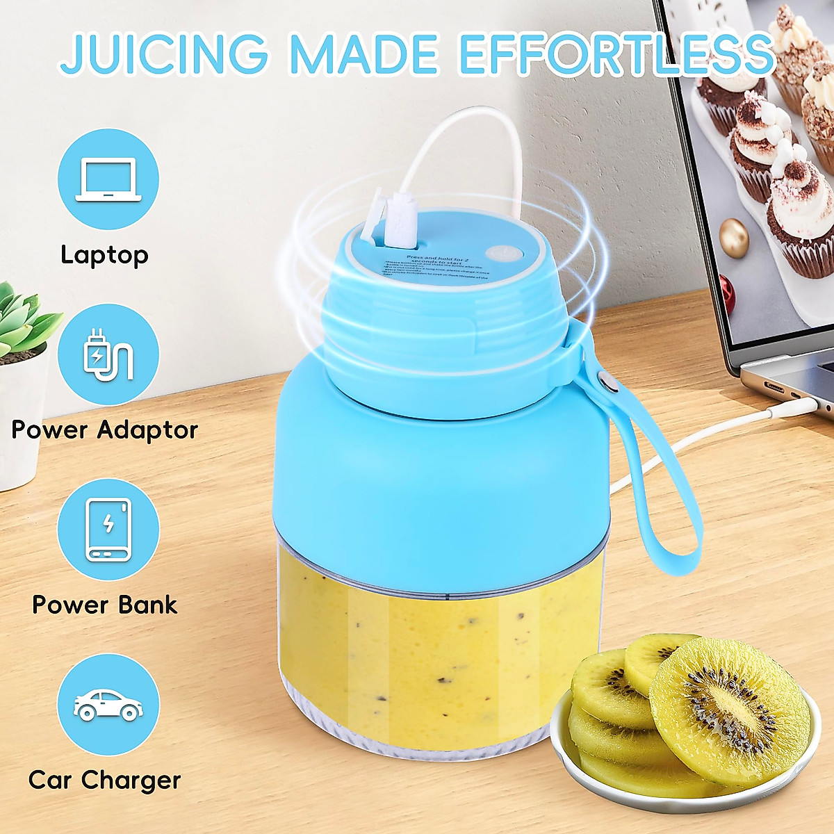 Personal Portable Blender, Blender for Shakes and Smoothies with 20oz Cup, Lid and Shoulder Strap, Type-C USB Rechargeable, Dishwasher Safe Parts, Light Blue Juice for Gym Travel