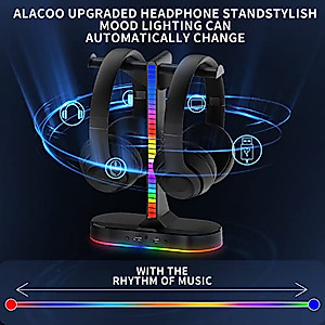 RGB Headset Holder- Gaming Headphone Stand, Headset Stand with 2USB Port and 3.5mm Audio Port, Adjustable Ambient Light and Auto-Sensing Rhythm Light, Gamers Desktop Gaming Earphone Accessories.